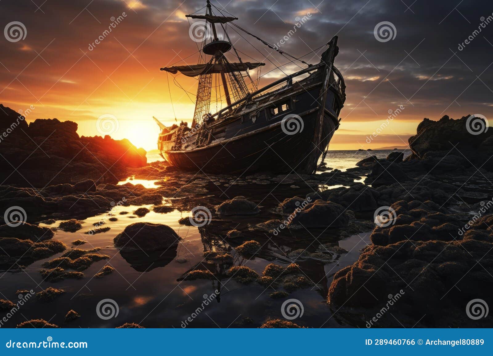 Broken ship. Generative AI stock photo. Image of marin - 289460766