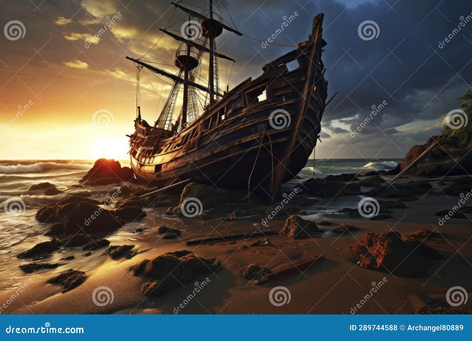 Broken Ship Icon. Cartoon Wooden Battered Ship With Tattered Board ...