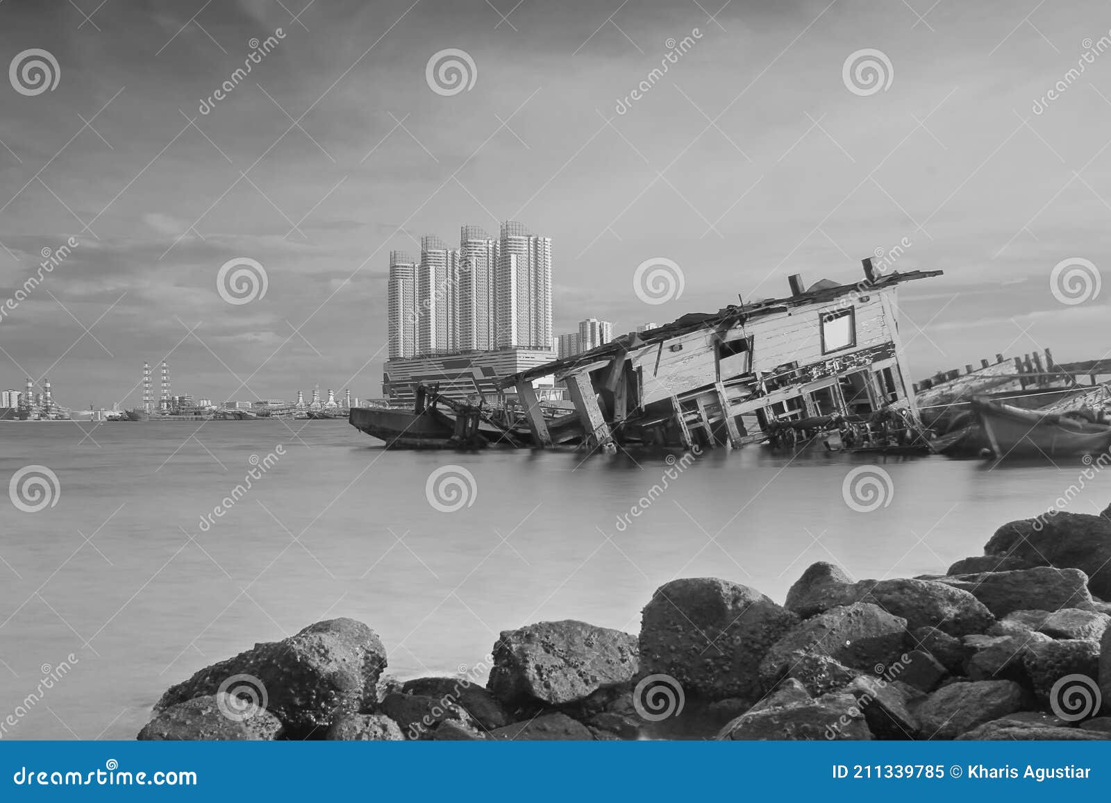 Broken Ship at Sea Landscape Black and White Stock Image - Image of ...