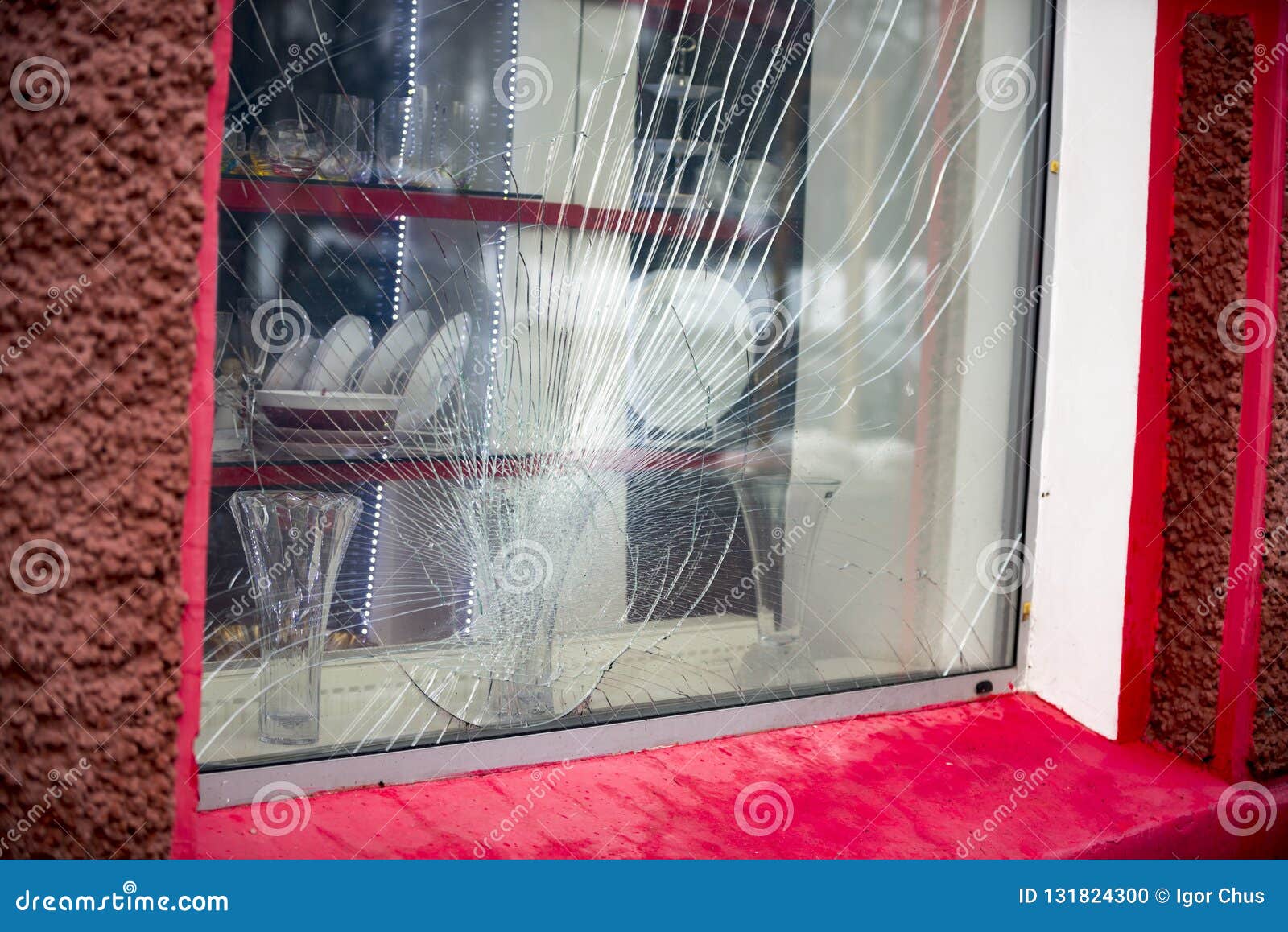 Broken Showcase With Warning Tape. Smashed Window Stock Photography ...
