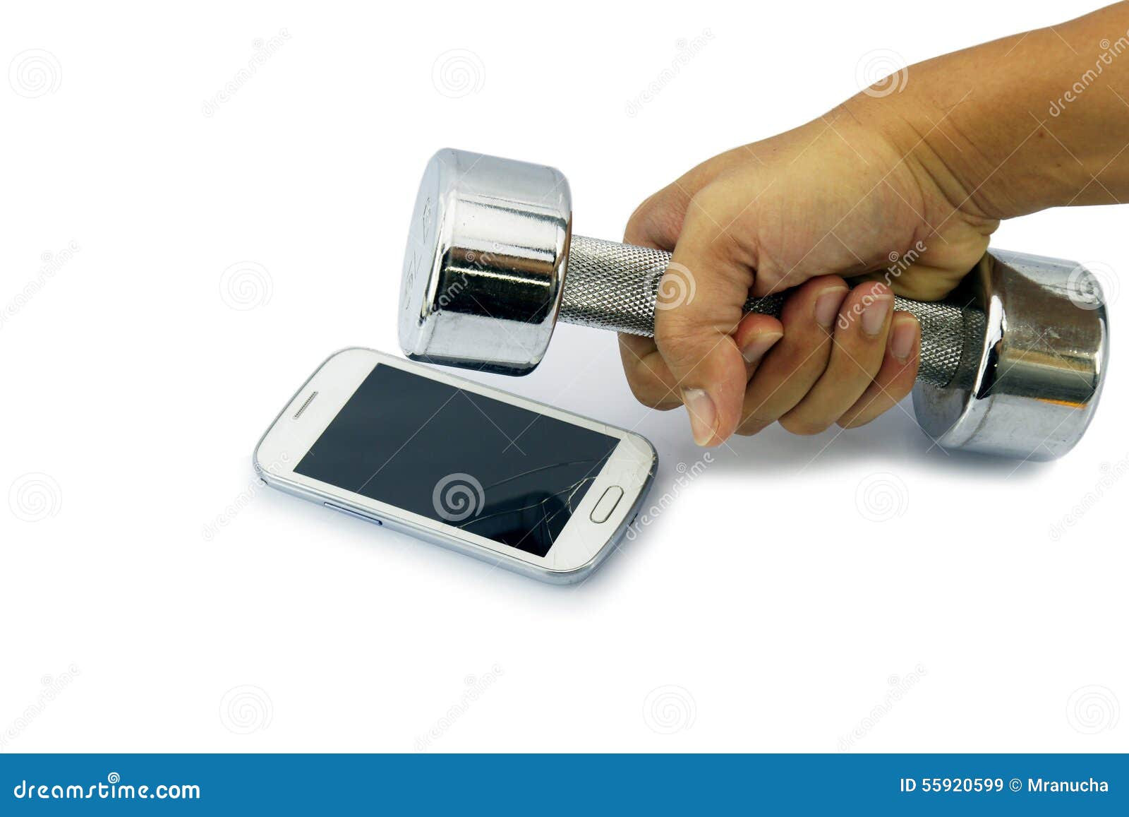 Broken Smart Phone Smashed by Dumbbell. Stock Image - Image of angry ...