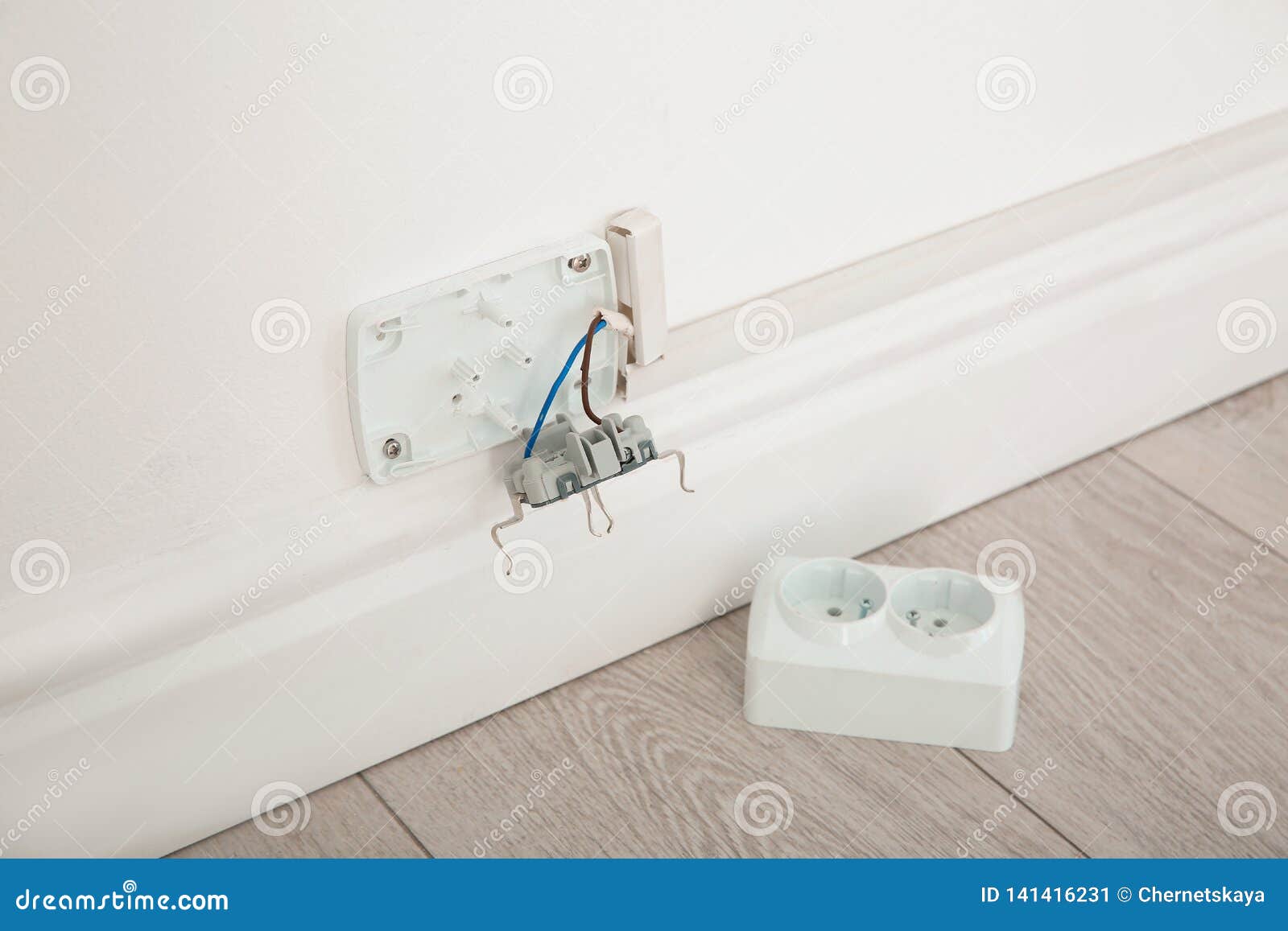 Broken Sockets on White Wall Indoors. Stock Image - Image of connection ...