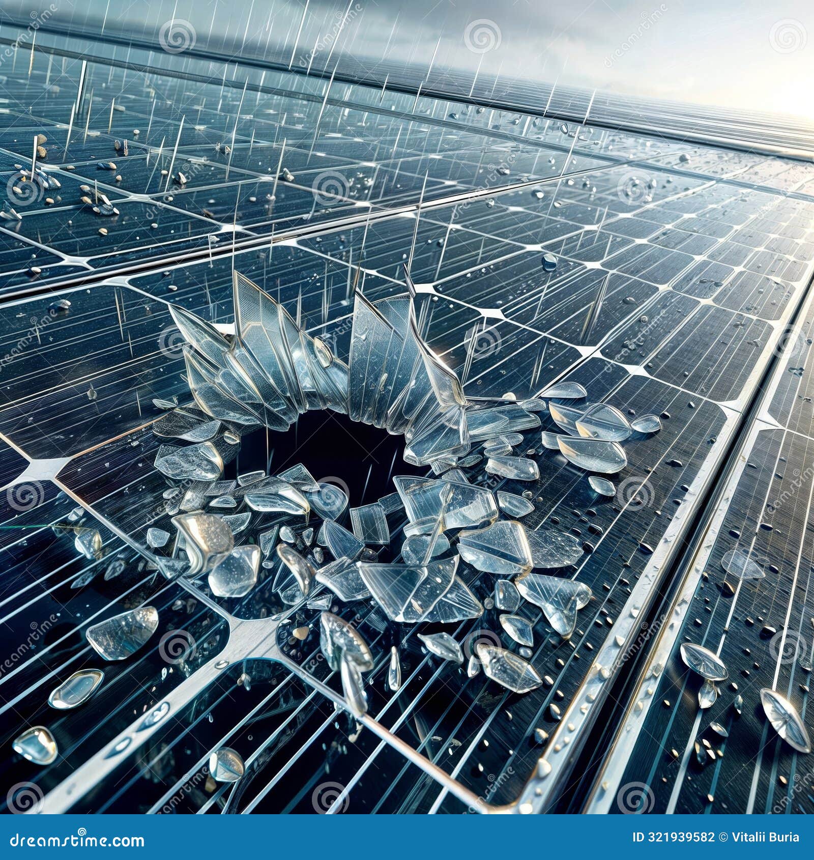 Broken Solar Panel with Water Droplets: Exposed Cells, Generative Ai ...