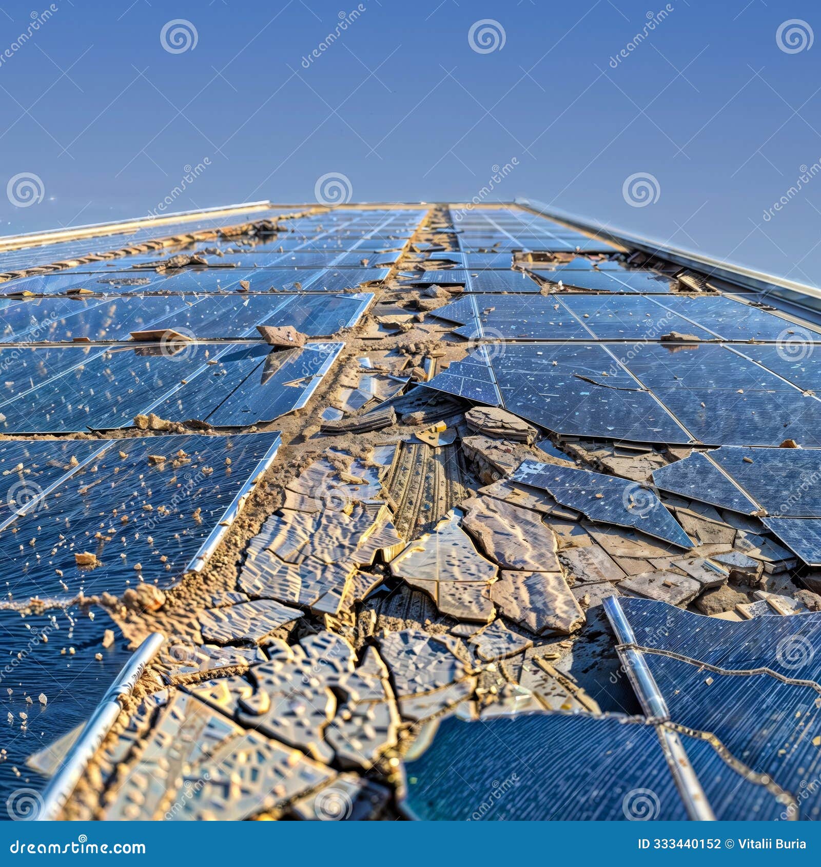 Broken Solar Panels in Field, Generative Ai Stock Illustration ...