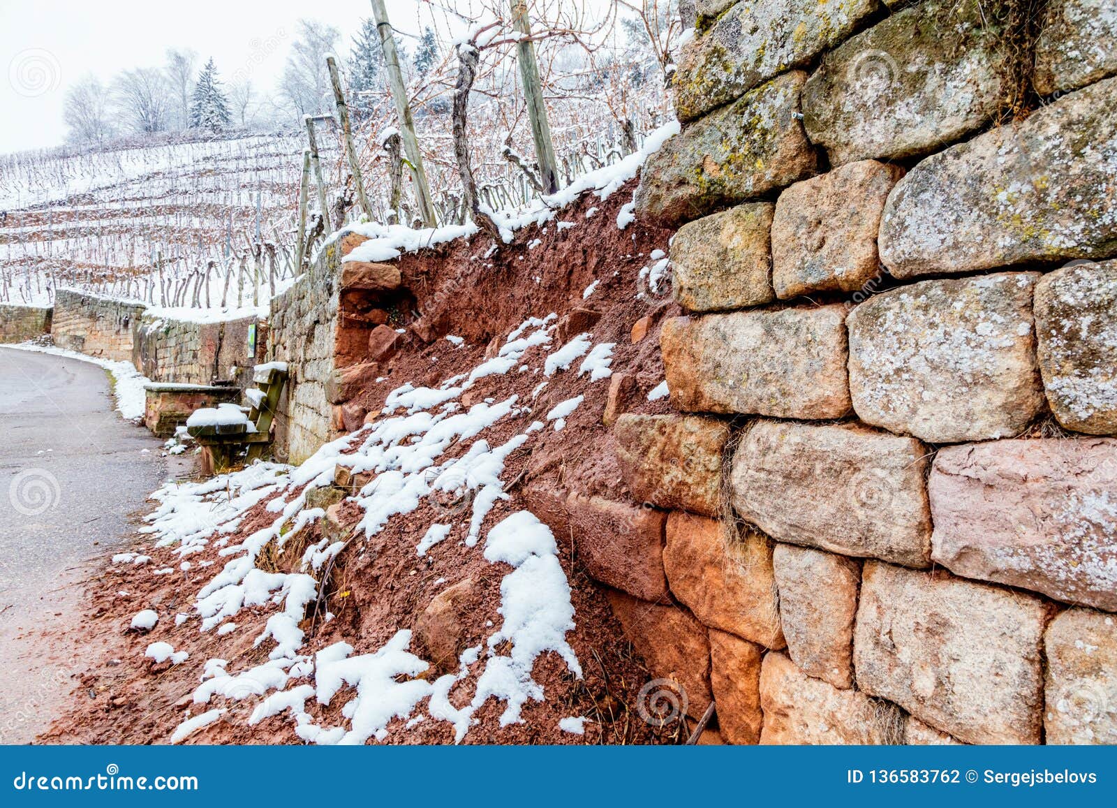 Broken Stone Wall in Vineyard Water and Snow Damage. Stock Photo ...