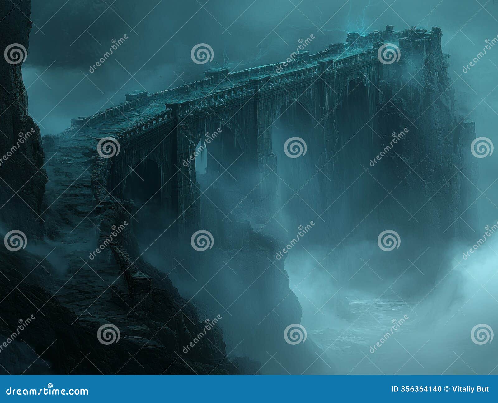 Broken Suspension Bridge Hangs Over Vast Chasm Shrouded in Mist and ...