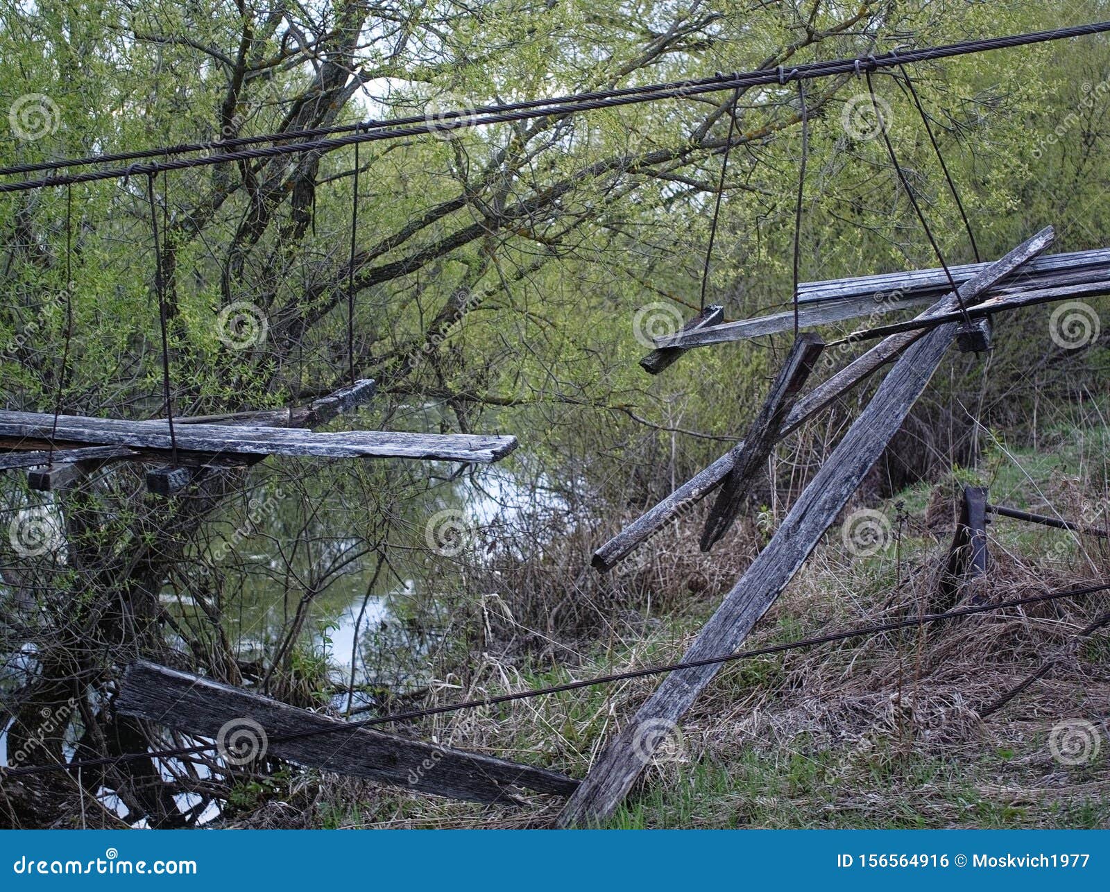 Broken Suspension Bridge on Spring Evening Stock Photo - Image of ...