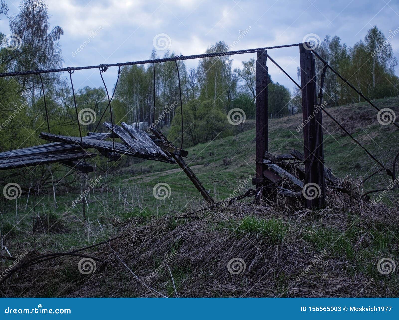 Broken Suspension Bridge on Spring Evening Stock Image - Image of ...