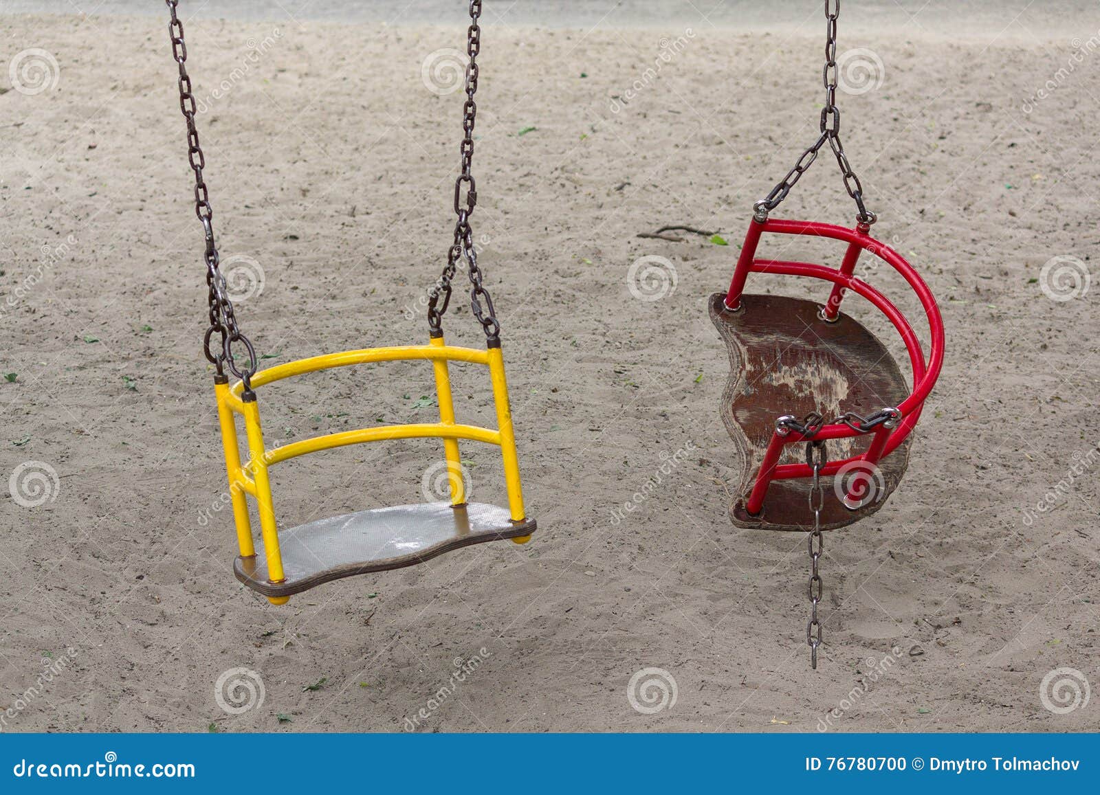 Broken Swing Hanging on the Playground Stock Photo - Image of dull ...