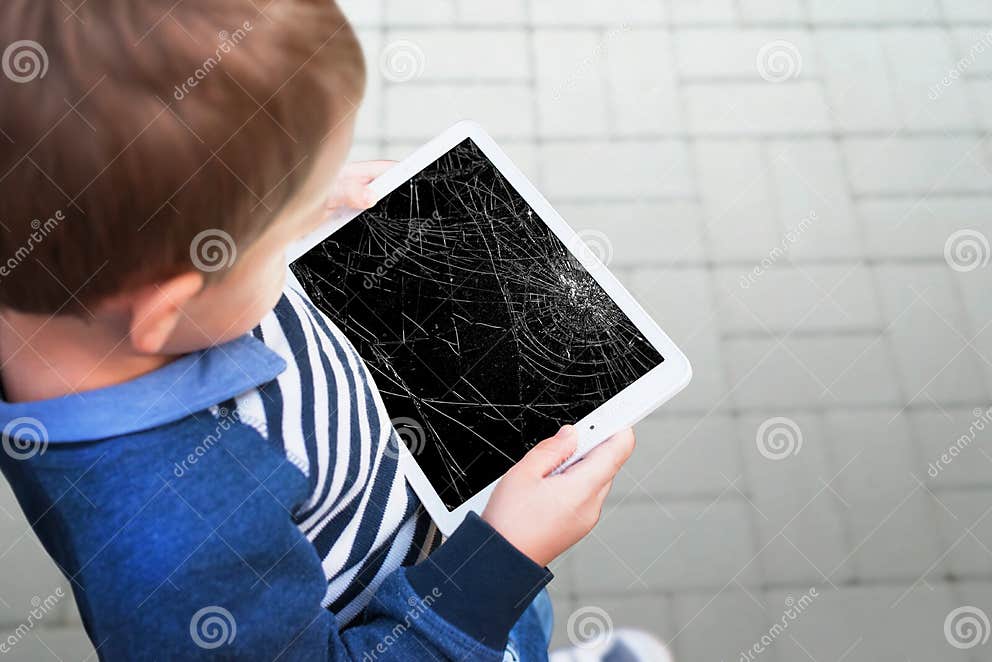 Broken Tablet in Boy Hands Concept Stock Image - Image of tablet ...
