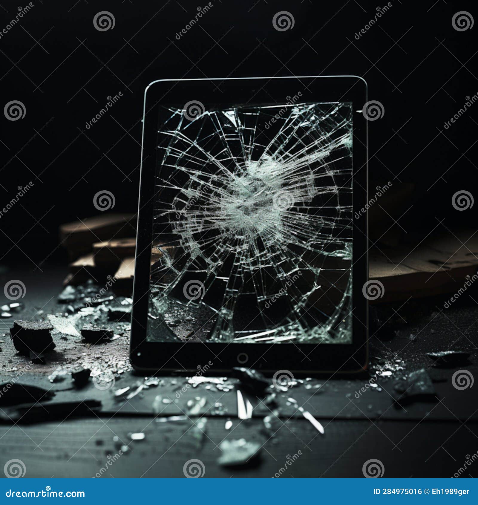 A Broken Tablet Computer with a Broken Screen, Glass Shards and Rubble ...