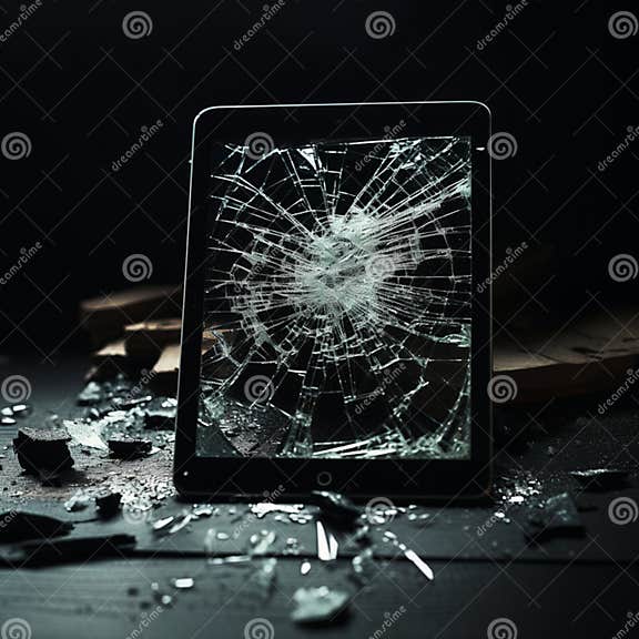A Broken Tablet Computer with a Broken Screen, Glass Shards and Rubble ...