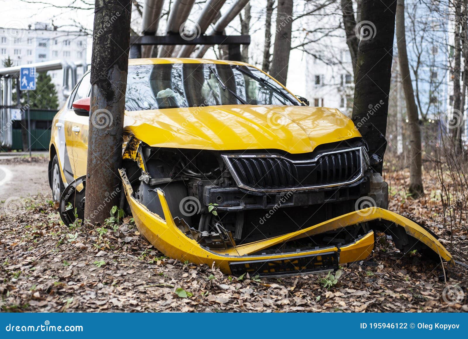 Broken Taxi. Taxi Driver S Car Accident. the Car Crashed into a Post ...