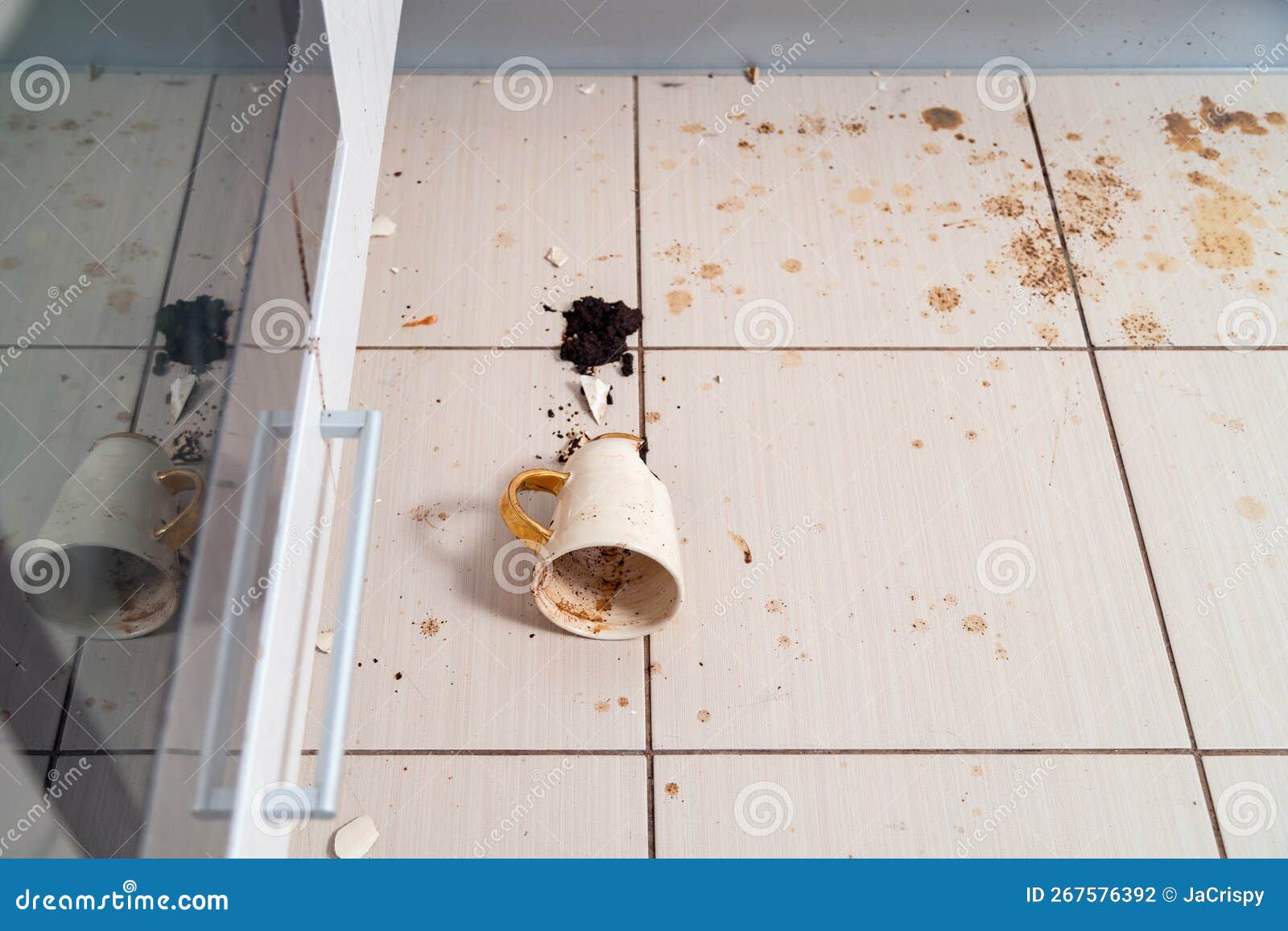 Broken Tea Cup Laying on the Kitchen Floor, Smashed Coffee Mug and ...