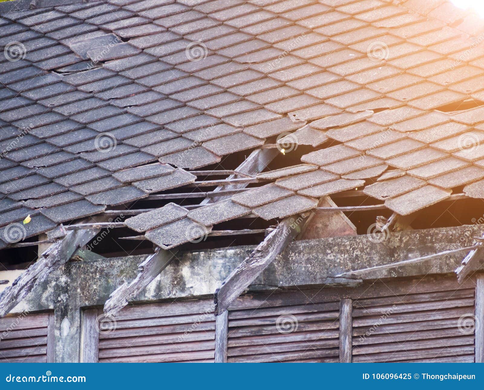 Broken tile roof stock image. Image of grey, structure - 106096425