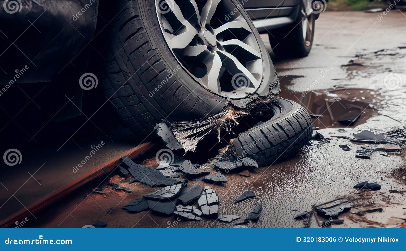 Broken Tire on a Car. Generated AI Stock Illustration - Illustration of ...