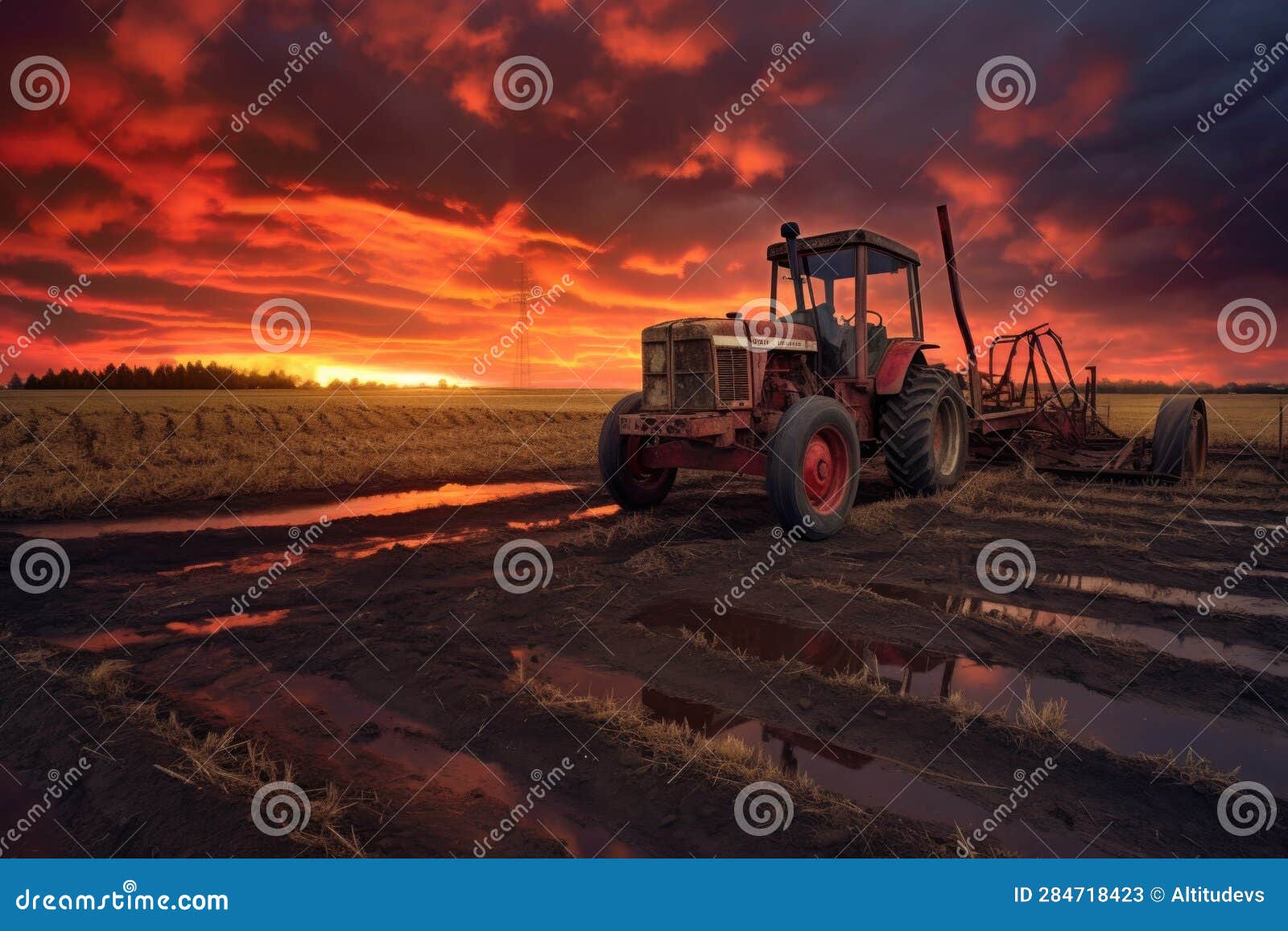 Broken Tractor with Dramatic Sunset Backdrop Stock Image - Image of ...