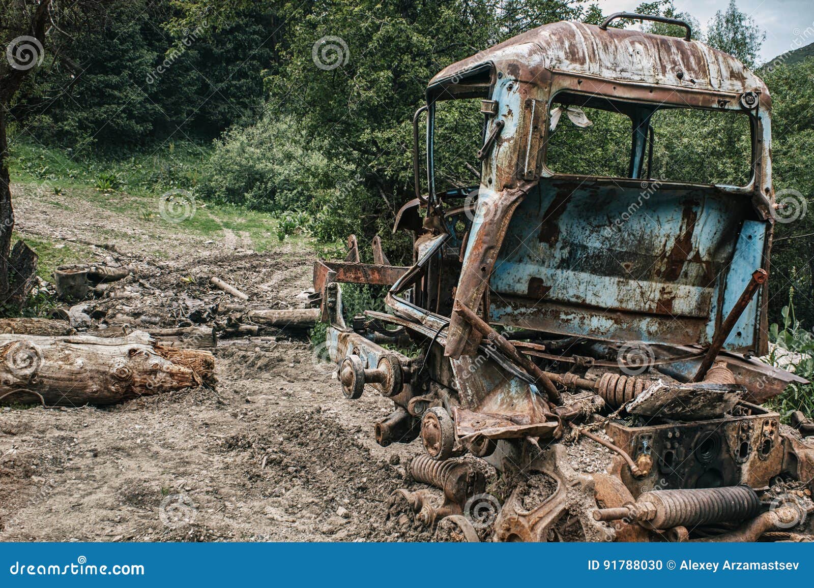 Broken Tractor in a Wild Forest Stock Photo - Image of power, logging ...