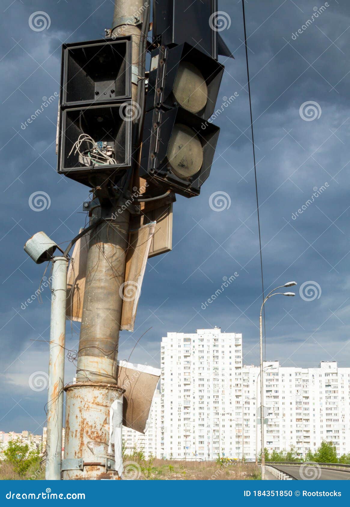 Broken Traffic Lights on the Post Stock Photo - Image of electric ...