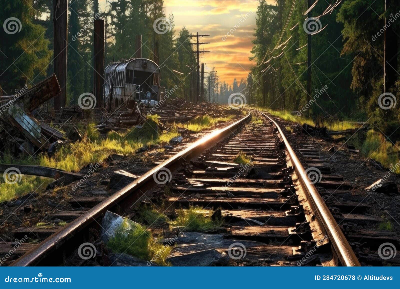Broken Train Tracks Leading To Forgotten Trains Stock Illustration ...