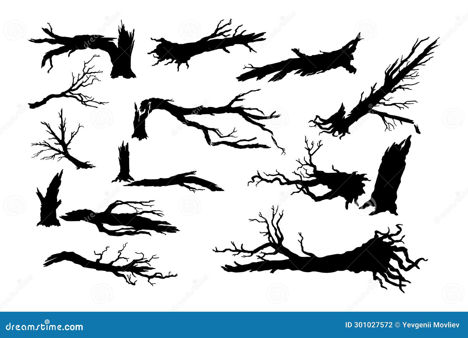 Broken Tree Isolated Silhouettes. Black Template of Destroyed Forest ...