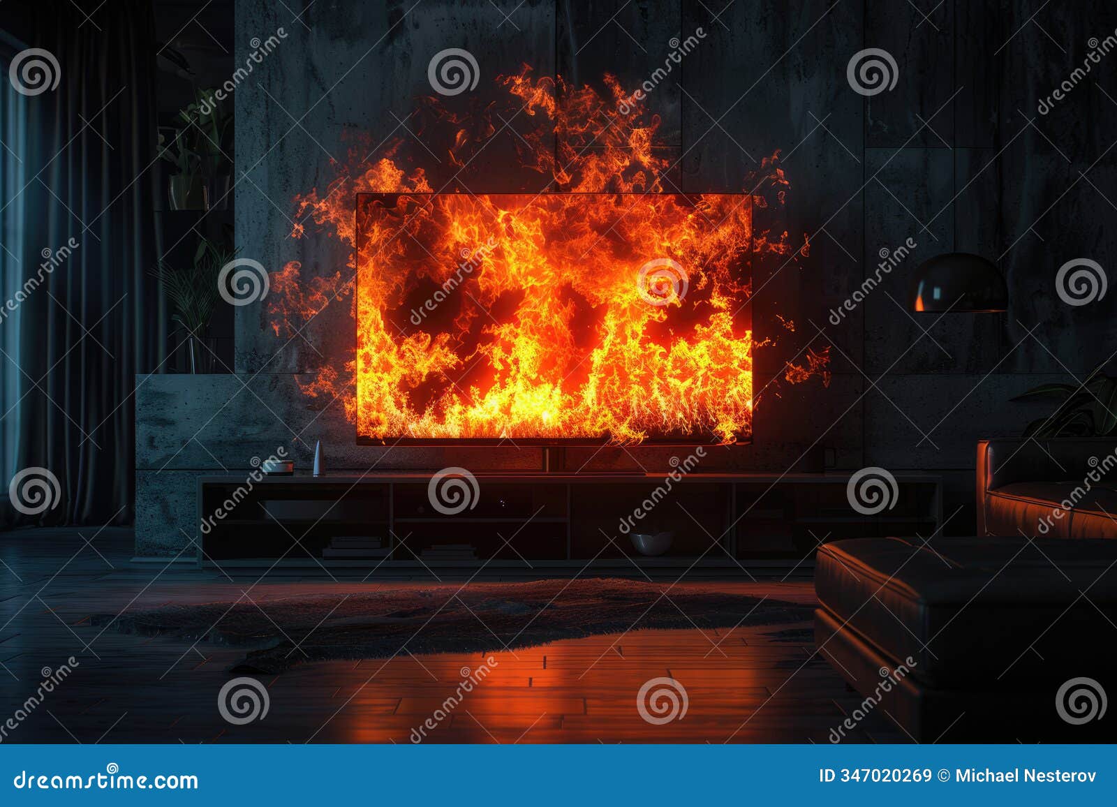 Broken TV Burning in Flames, Concept of Short Circuit, Fire Safety ...