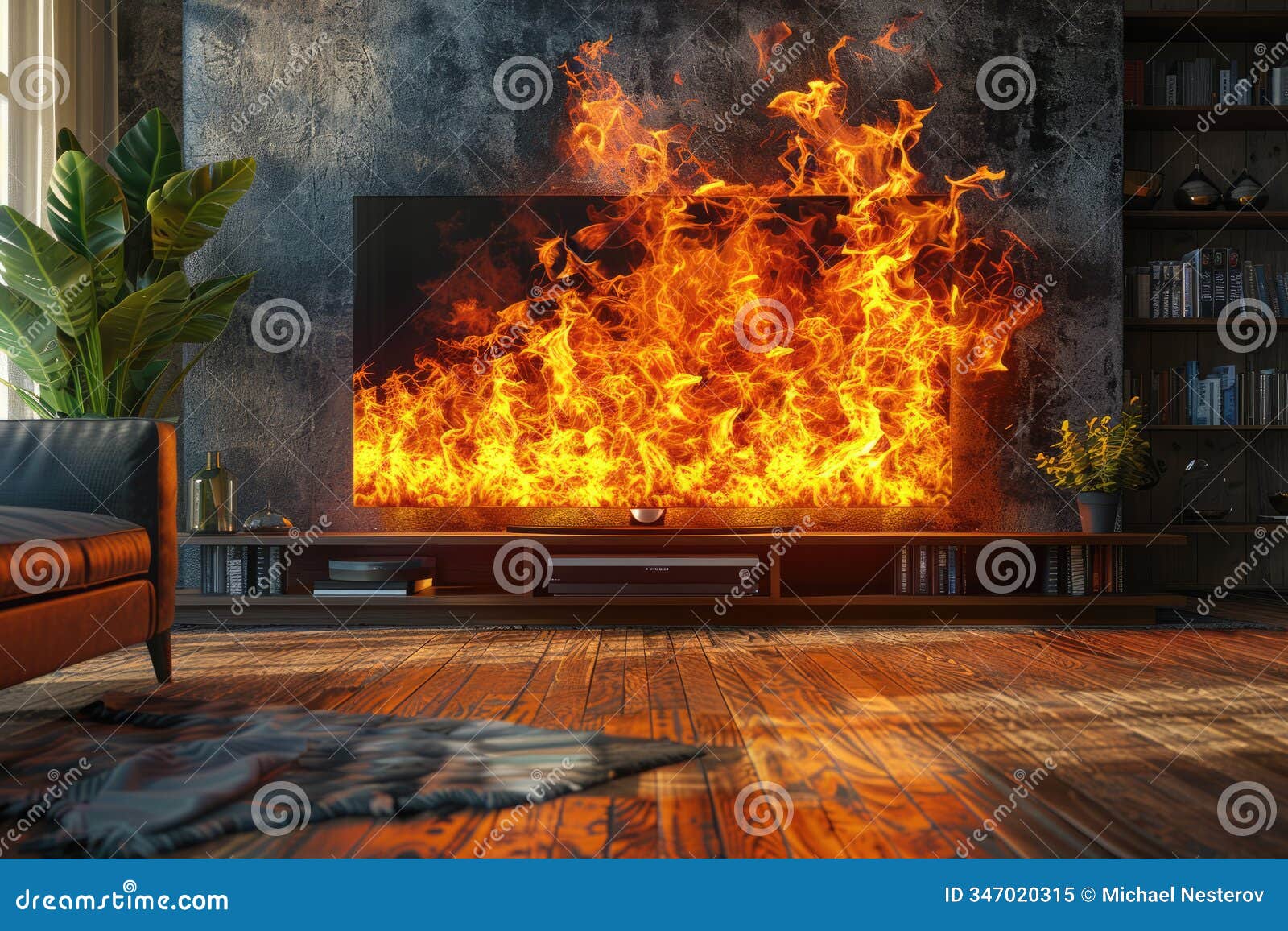 Broken TV Burning in Flames, Concept of Short Circuit, Fire Safety ...