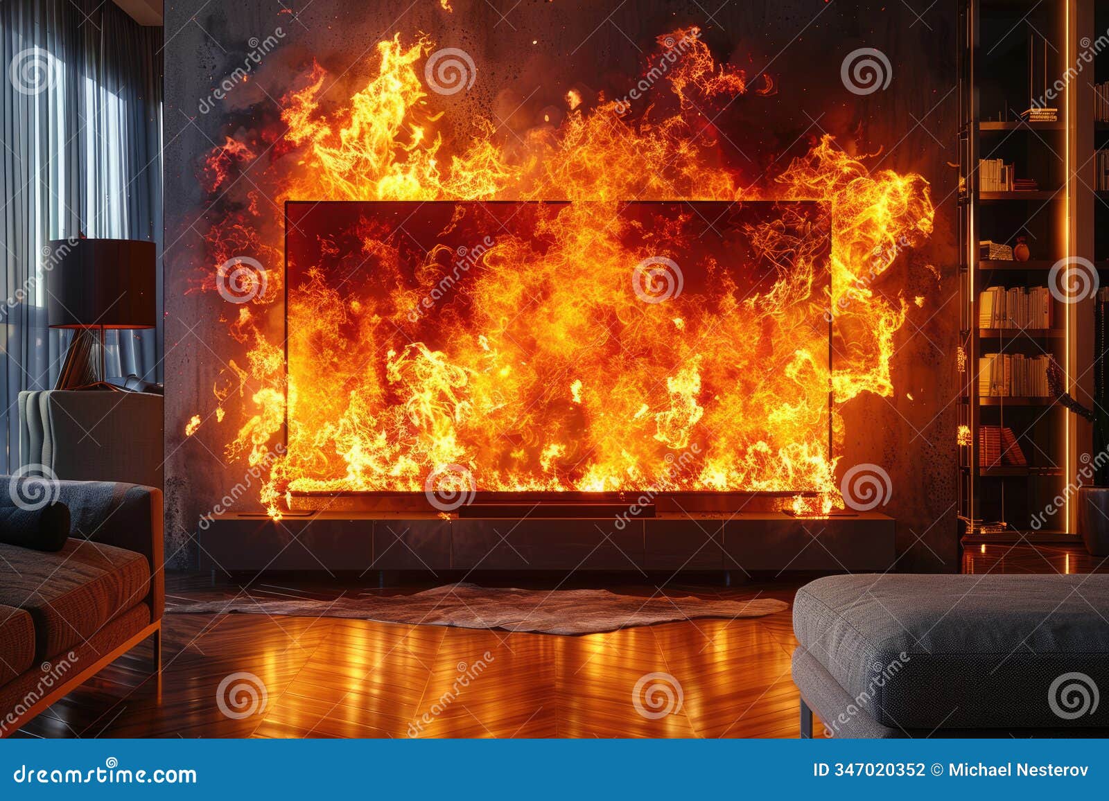 Broken TV Burning in Flames, Concept of Short Circuit, Fire Safety ...