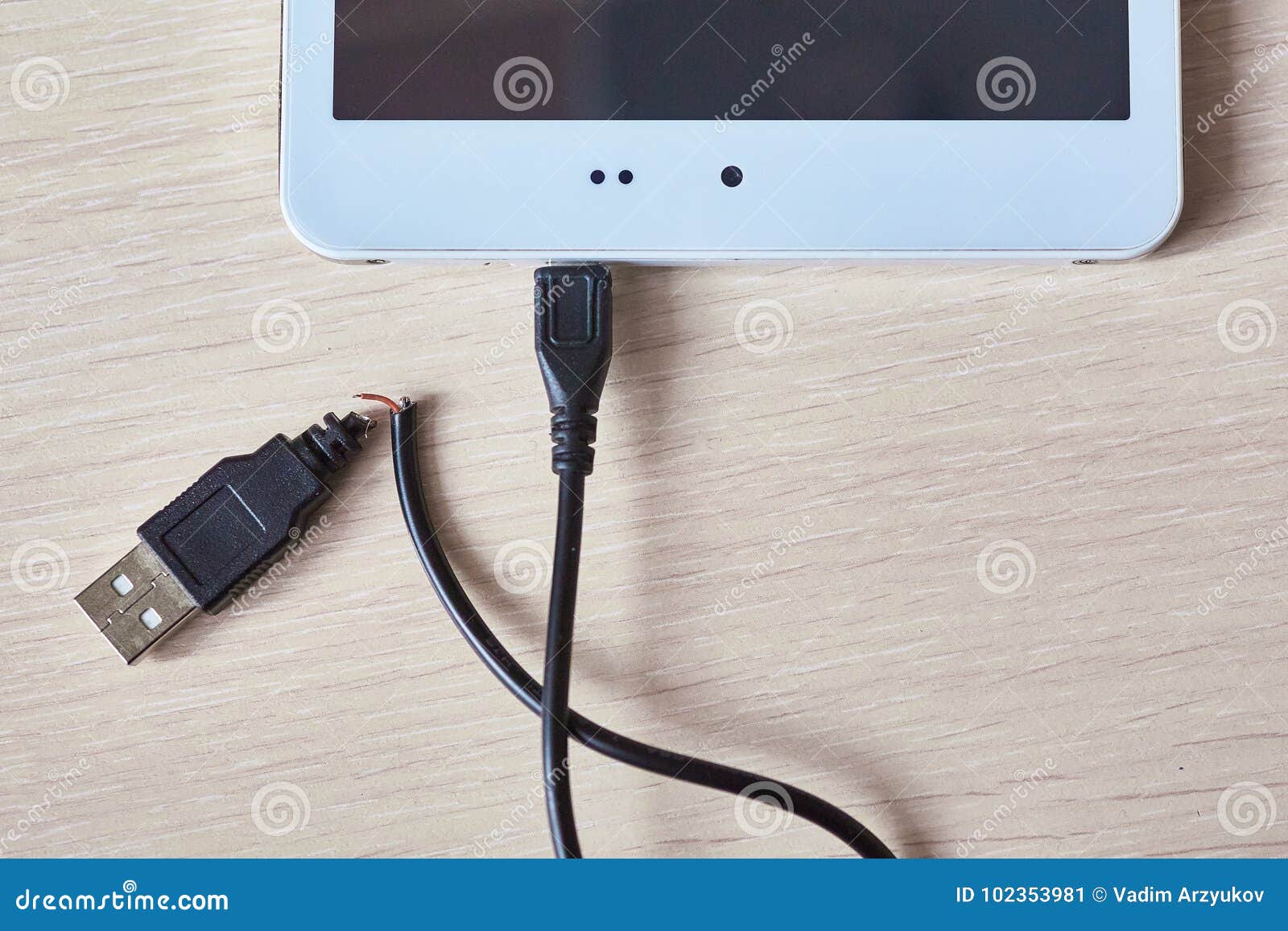 Broken Usb Cable on a Wooden Table Stock Image - Image of close ...
