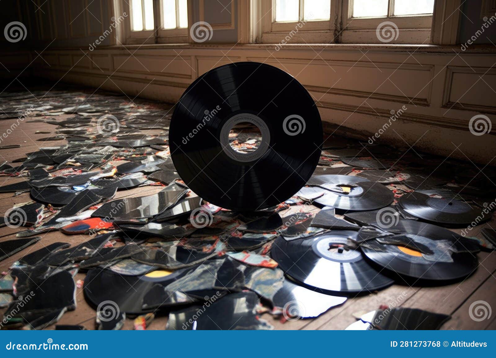 Broken Vinyl Record Pieces on the Floor Stock Illustration - Illustration of environment ...