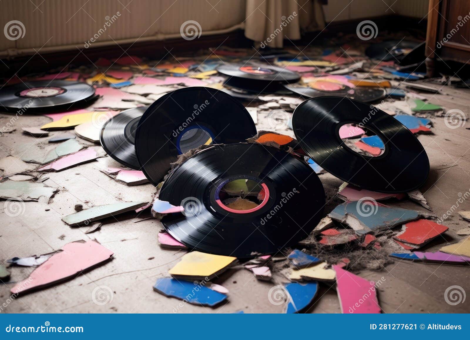Broken Vinyl Record Pieces on the Floor Stock Illustration ...