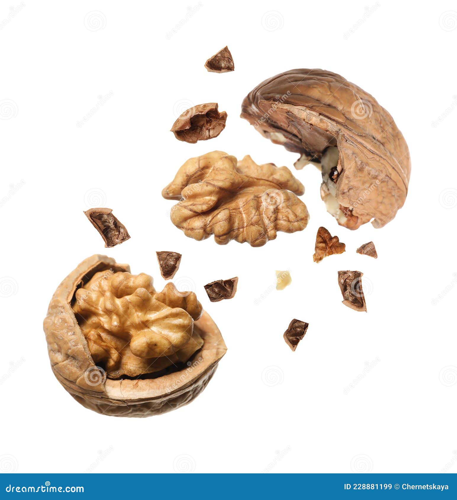 Broken Walnut and Pieces of Shell Flying on White Background Stock ...