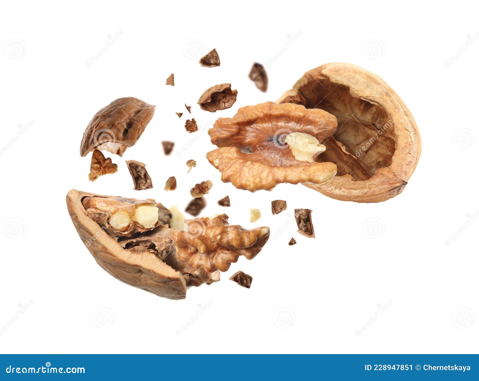 Broken Walnut and Pieces of Shell Flying on White Background Stock ...
