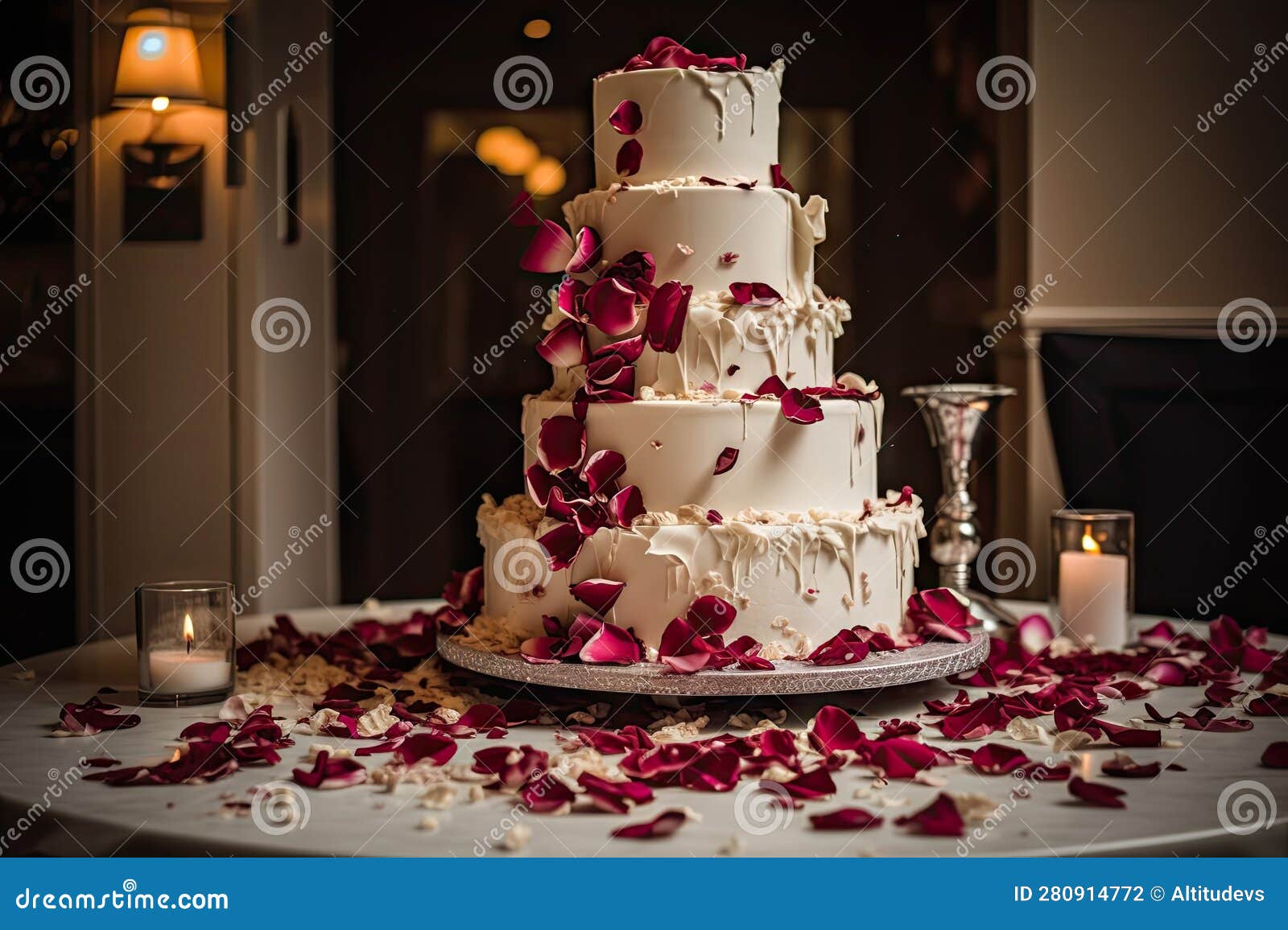 Broken Wedding Cake with Cascading Icing and Rose Petals Stock Illustration - Illustration of ...