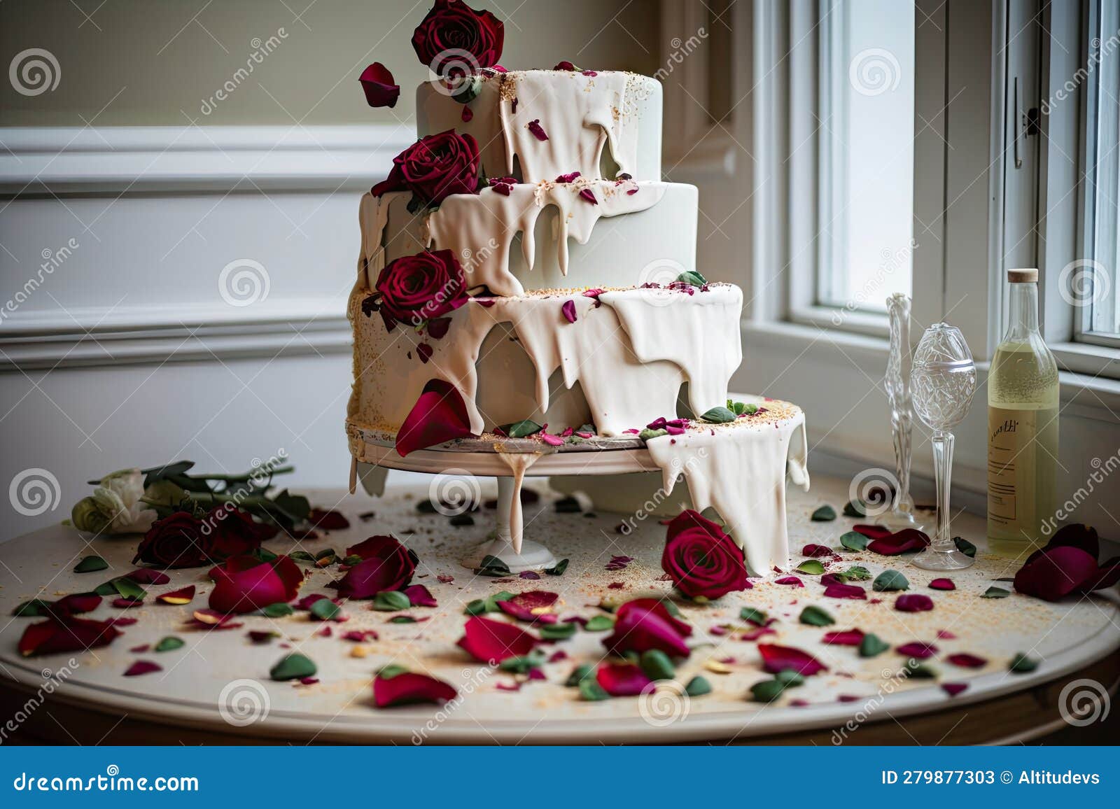 Broken Wedding Cake with Cascading Icing and Rose Petals Stock ...