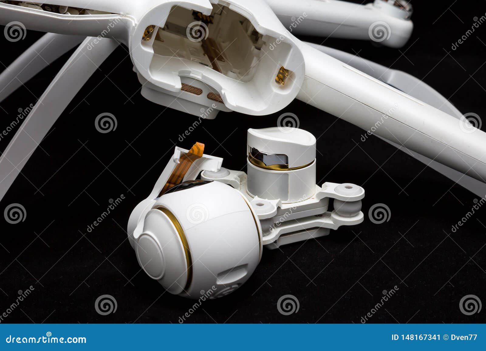 Broken White Drone after a Fall. on a Black Background. Damaged Body ...
