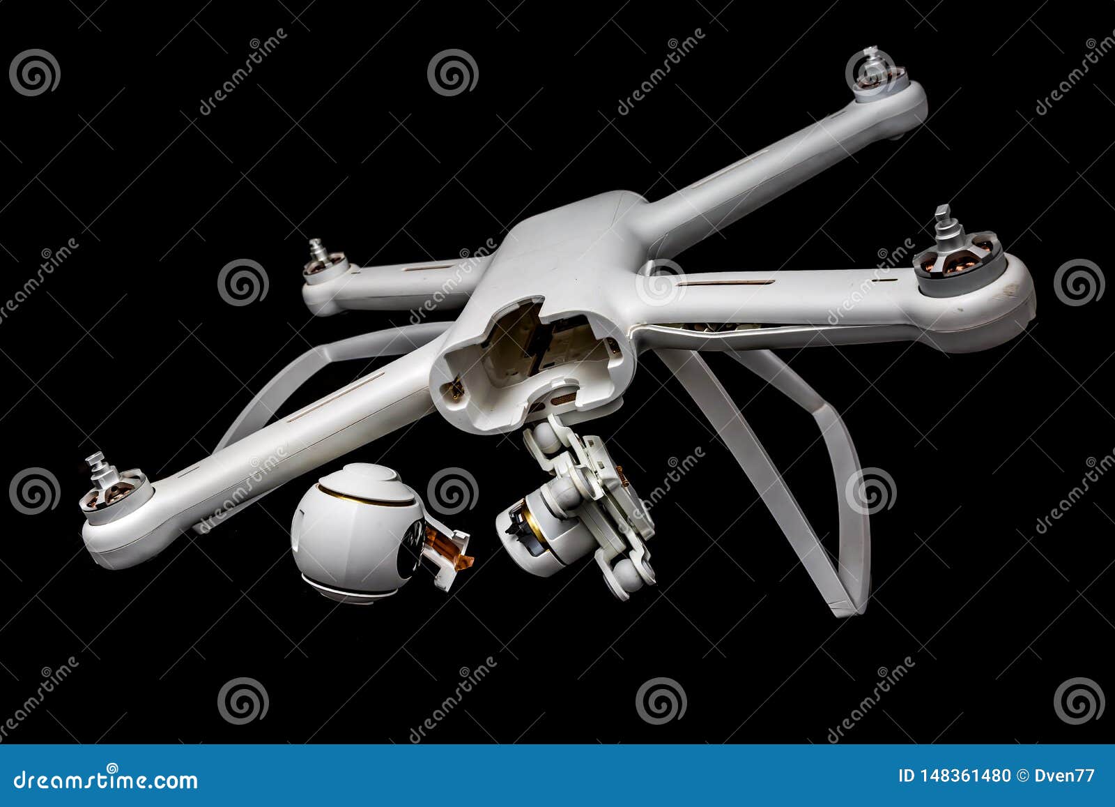 Broken White Drone after a Fall. Isolated on a Black Background ...