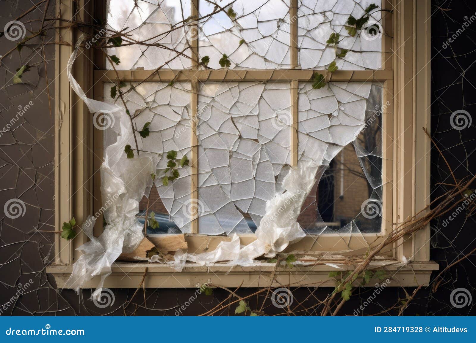 Broken Window with Adhesive Tape Holding Pieces Together Stock ...
