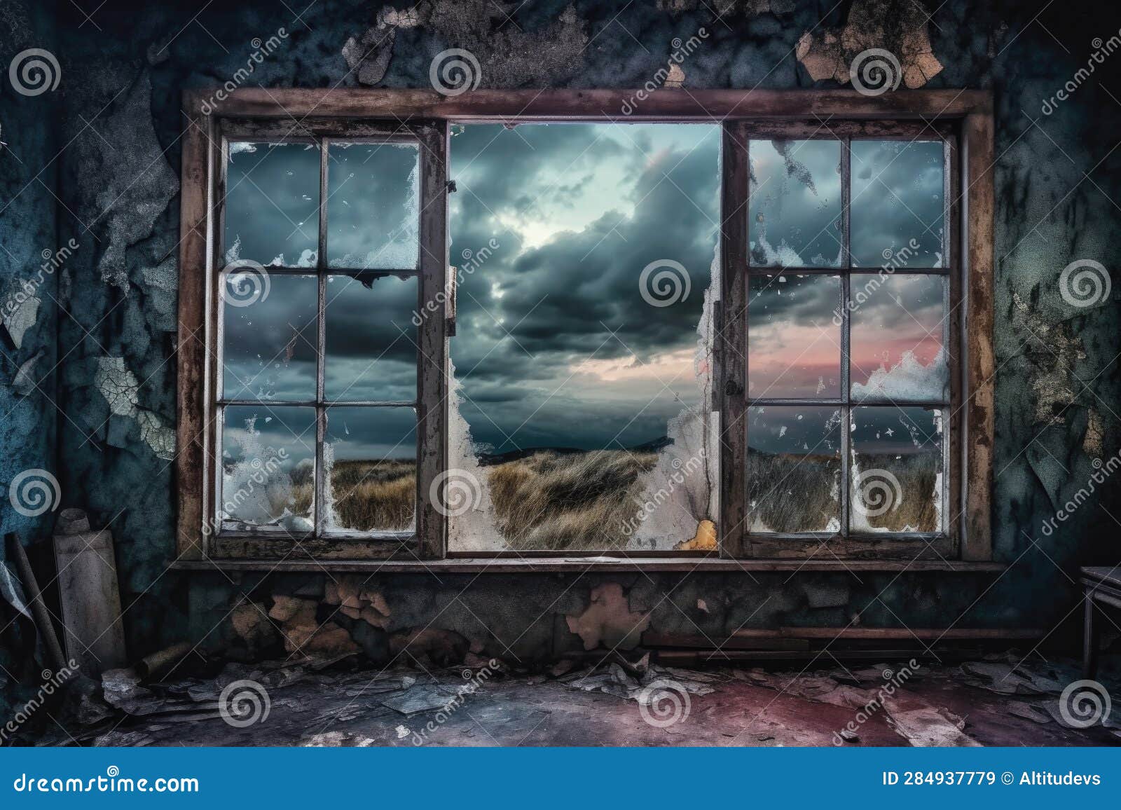 Broken Window with a Dramatic Stormy Sky in the Background Stock Image ...