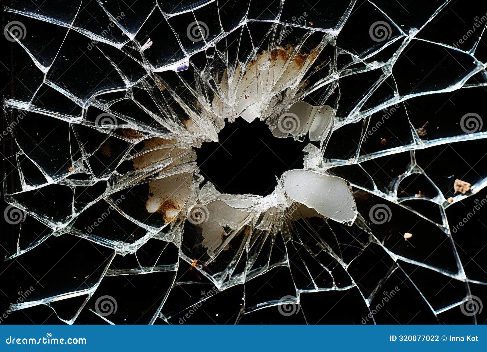 Broken Window Pane with Shattered Glass and Circular Hole, Displaying ...