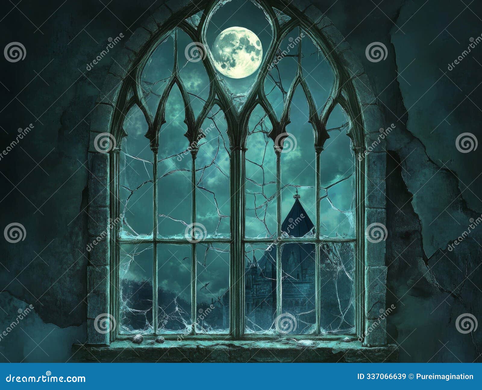 A Broken Window Reveals a Nighttime View of a Moonlit Castle Stock ...