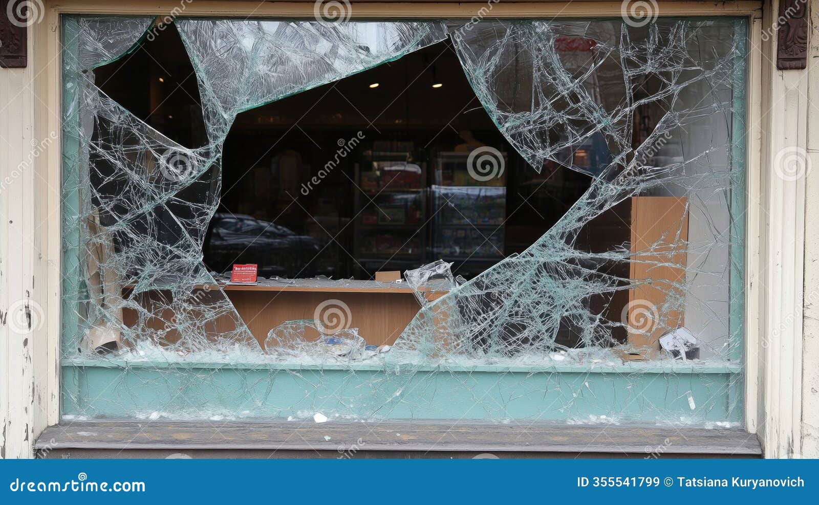 Broken Window with Shattered Glass, Storefront Damage Visible Stock ...
