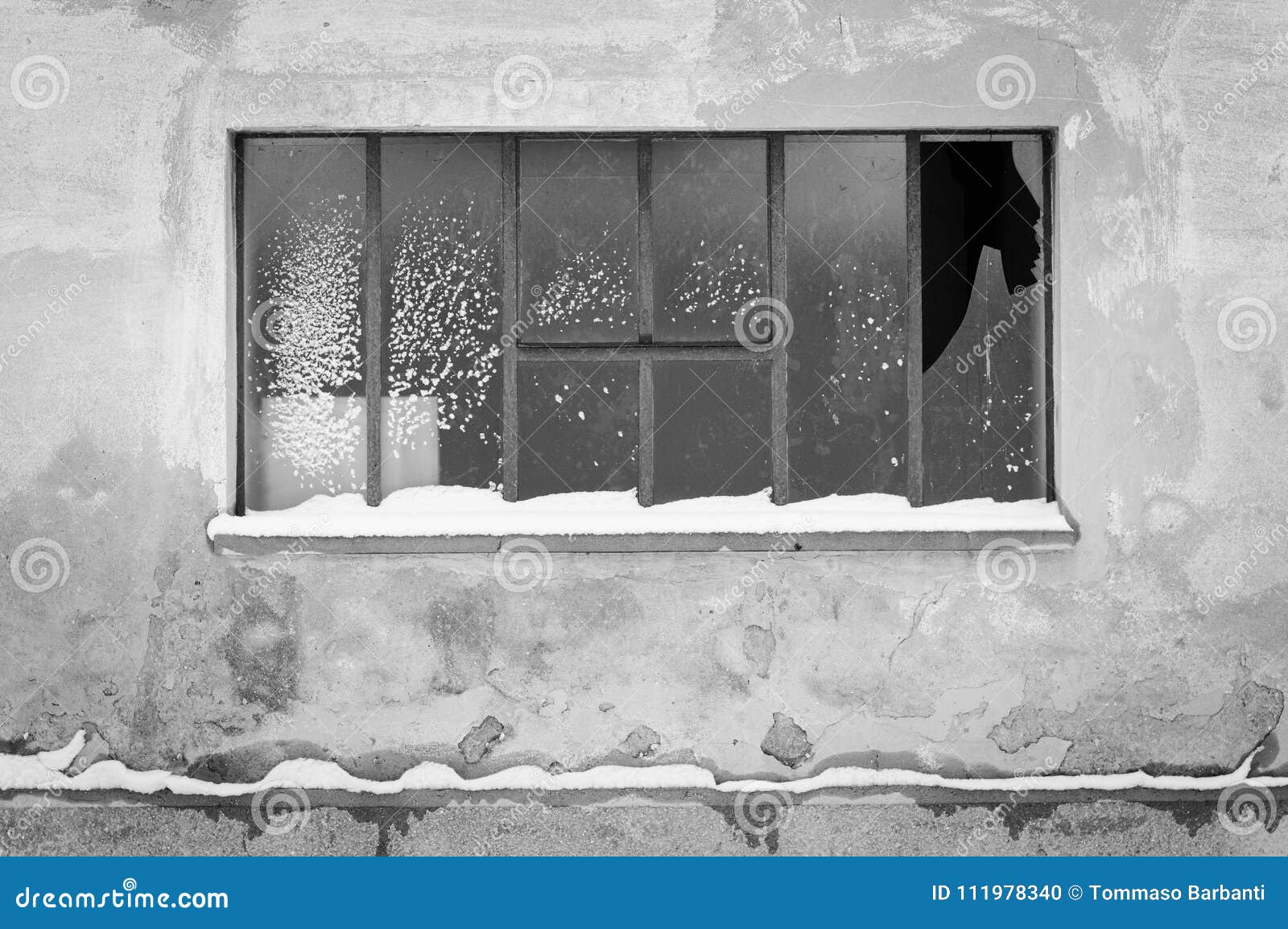 Broken window with snow stock photo. Image of season - 111978340
