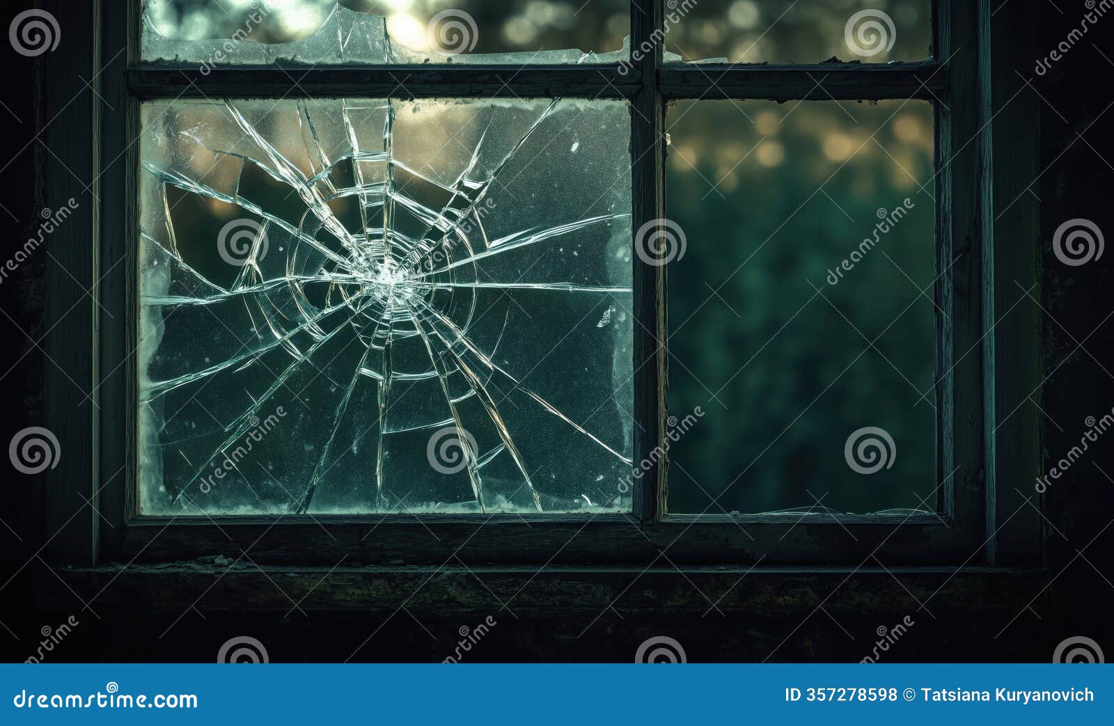 Broken Window with Spiderweb-like Cracks Revealing Blurred Green ...
