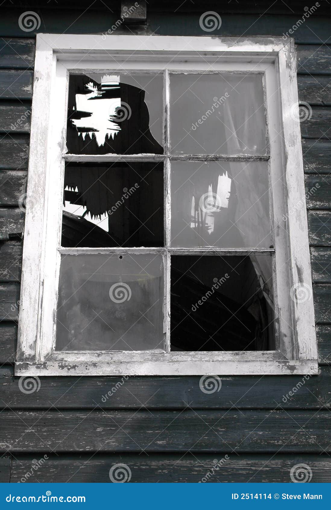 Broken Windows In An Empty Abandoned Vandalized Old Building Royalty ...