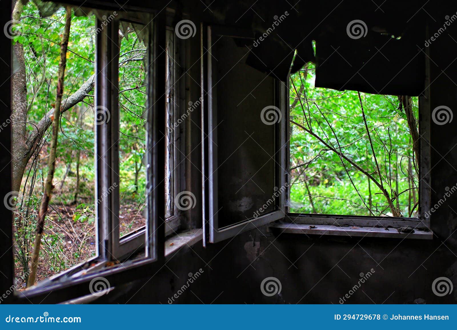 Broken Windows and Ceiling Panels in an Abandoned Building Stock Photo ...