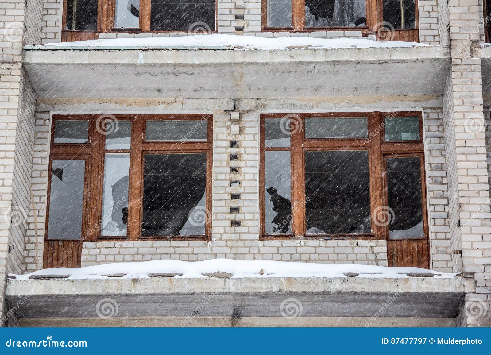 Broken Windows of Destroyed Abandoned House, Winter Stock Image - Image ...
