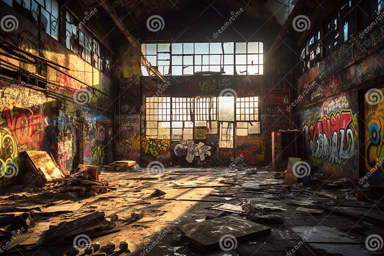 Broken Windows and Graffiti in a Desolate Factory Stock Illustration ...