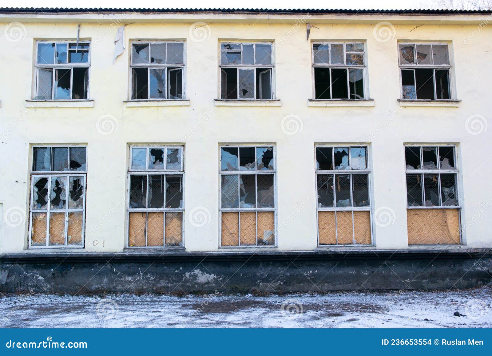 Broken Windows in Two Stair Abandoned Building Stock Photo - Image of ...