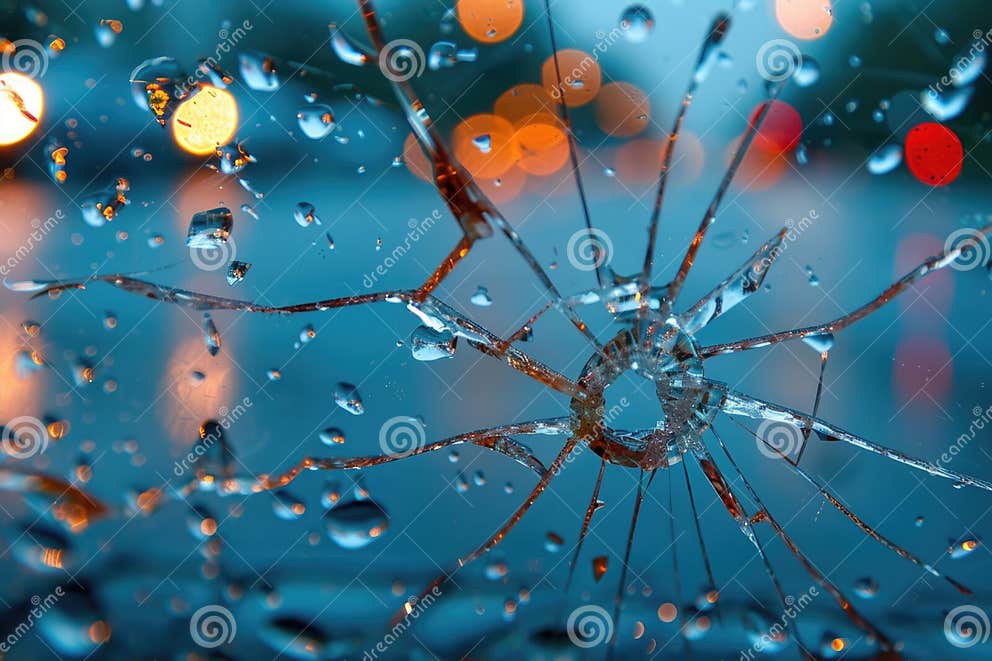 A Broken Windshield Covered in Raindrops, Reflecting the Shattered ...